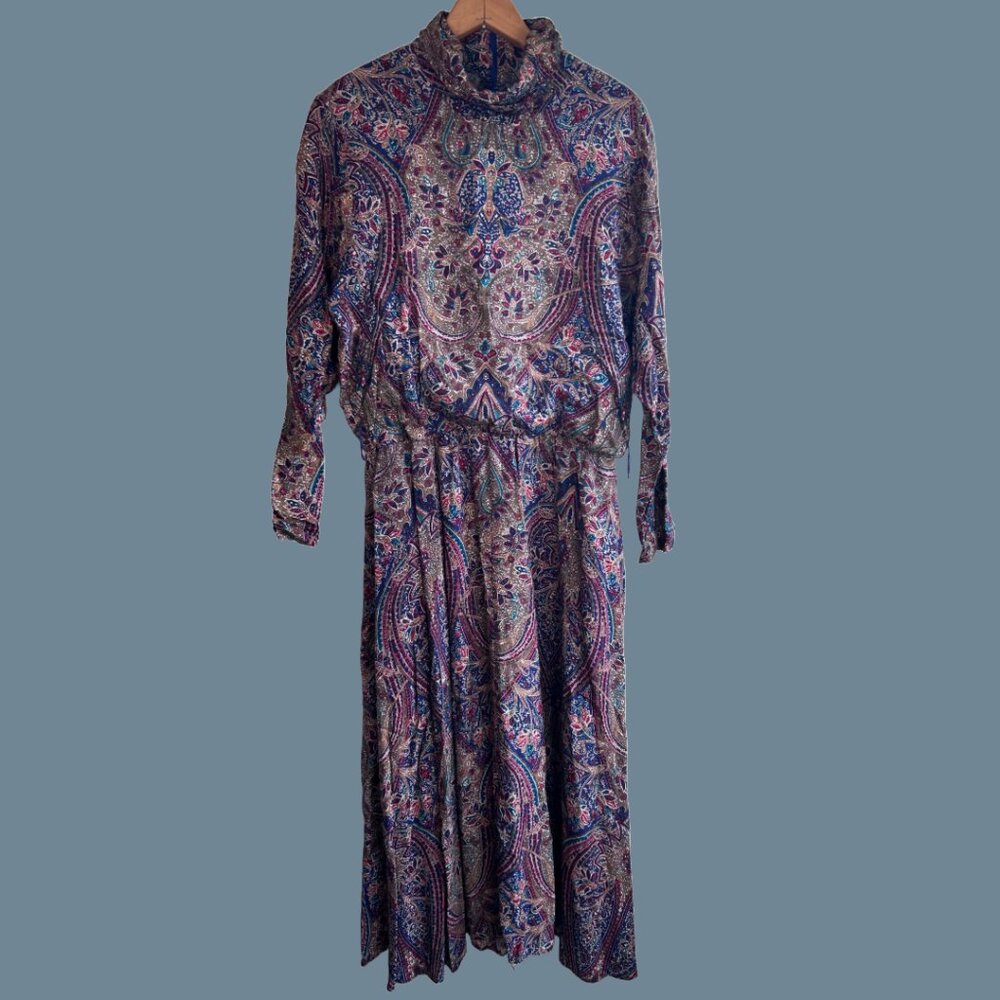 Vintage 1980s Jessica Howard Mock Neck Paisley Print … - Gem